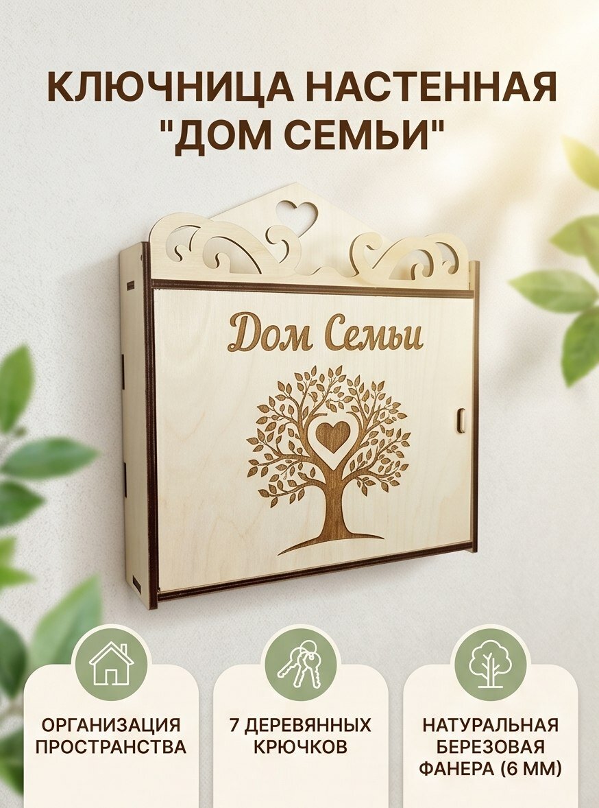 Ключница Woodcarver "Дом Семьи", настенное крепление, деревянная, бежевый