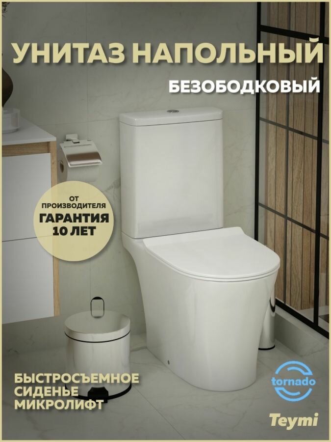 Унитаз напольный торнадо безободковый с быстросъемным сиденьем микролифт Teymi Ritta Pro Vortex T40811