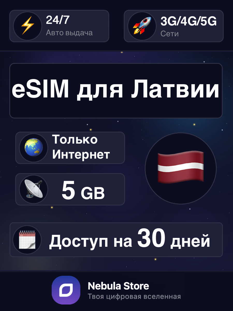 ESIM Латвия | Интернет | 5 ГБ на 30 дней | 4G, 5G | Для телефона и планшета - автовыдача 24/7