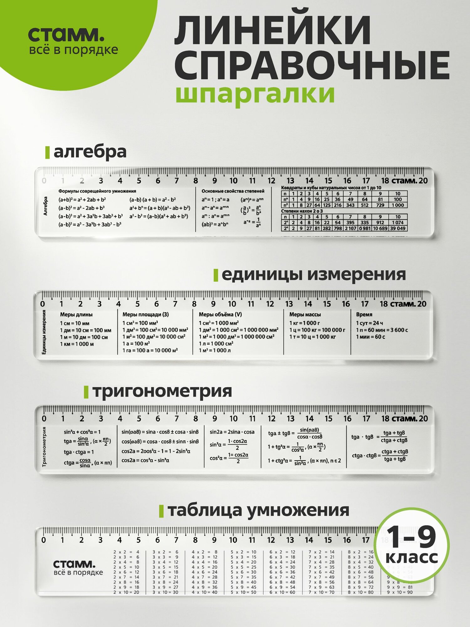 Линейки справочные школьные 20 см, 4 шт справочные линейки линейки для школы