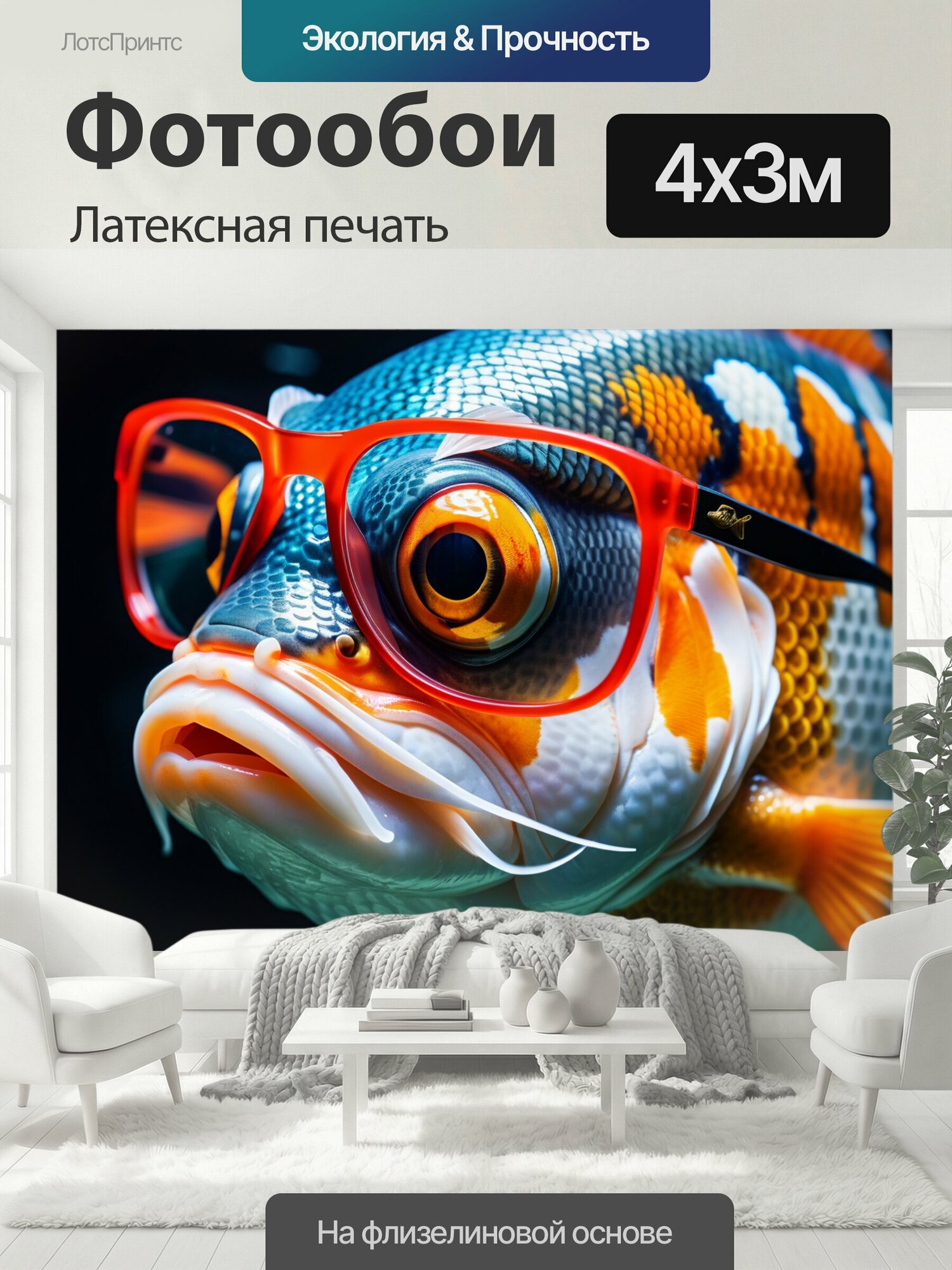 Фотообои моющиеся ударопрочные "Японский карп в модных очках" 400x300 см. латексная печать