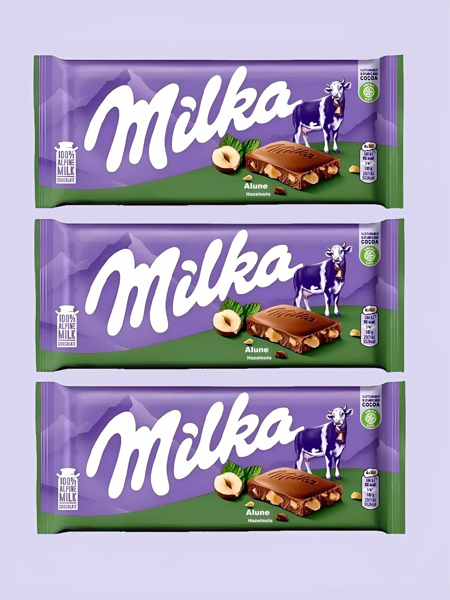Шоколадная плитка Milka Alune Hazelnuts Милка молочный шоколад с дробленым фундуком, 3 шт. по 90 гр. (Швейцария)