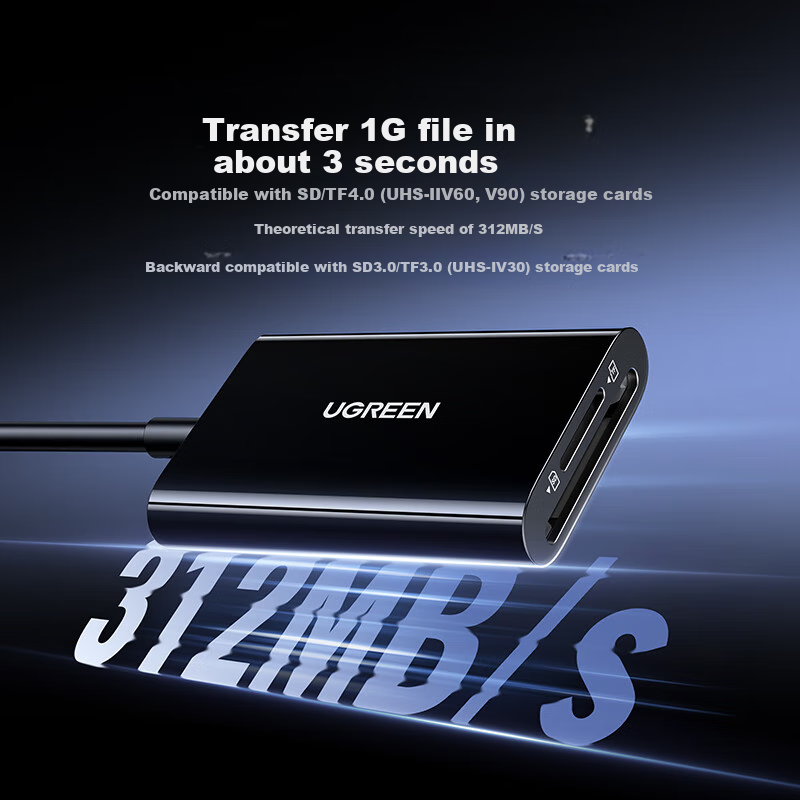 UGREEN USB 4.0 Двойной SD TF картридер Высокоскоростной двойной картридер для телефонов ноутбуков камер Цвет：Корпус