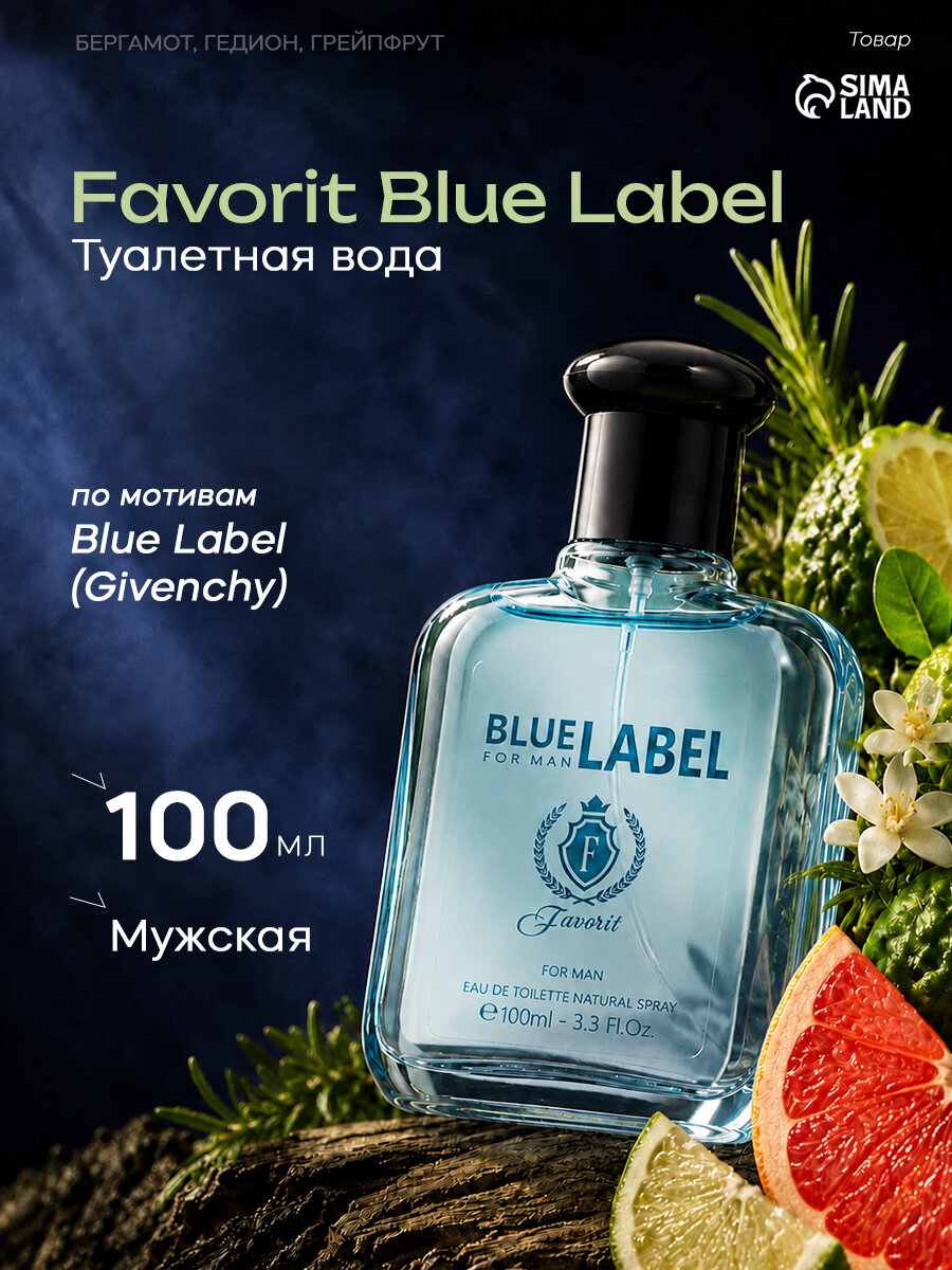 Туалетная вода мужская Favorit Blue Label, 100 мл, цитрусовый аромат парфюма