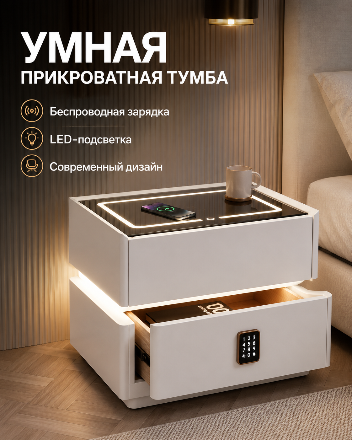 Тумба прикроватная, 2 ящ, Беспроводная зарядка，Трехцветный свет 40х40х50 см