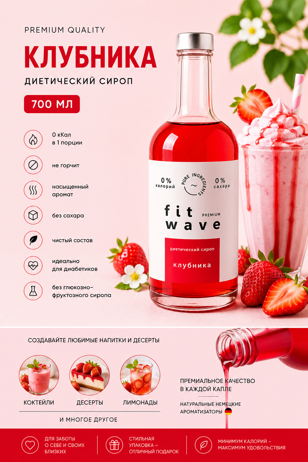 Сироп диетический без сахара низкокалорийный FitWave Клубника 700 мл. для кофе