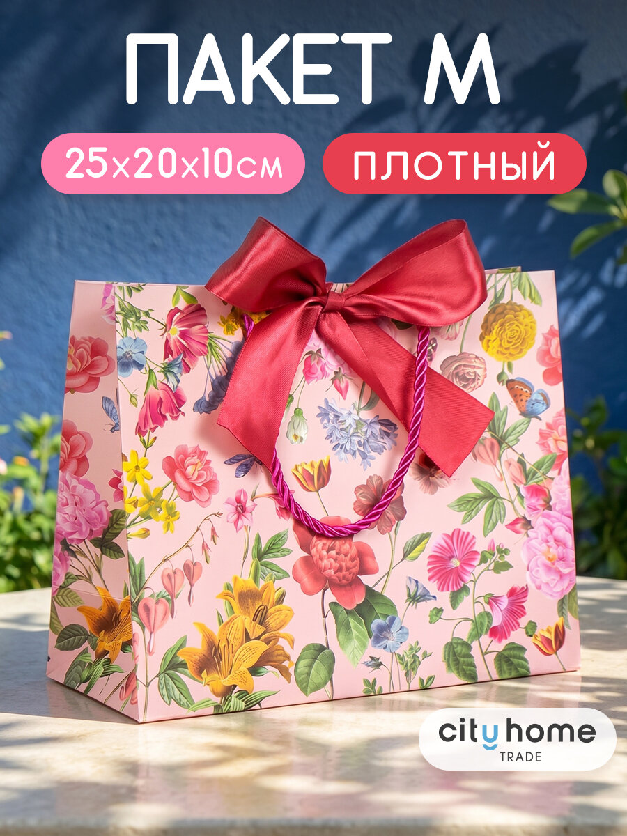 Подарочный пакет горизонтальный с красным бантом женский, 25x20x10 см, 1шт.