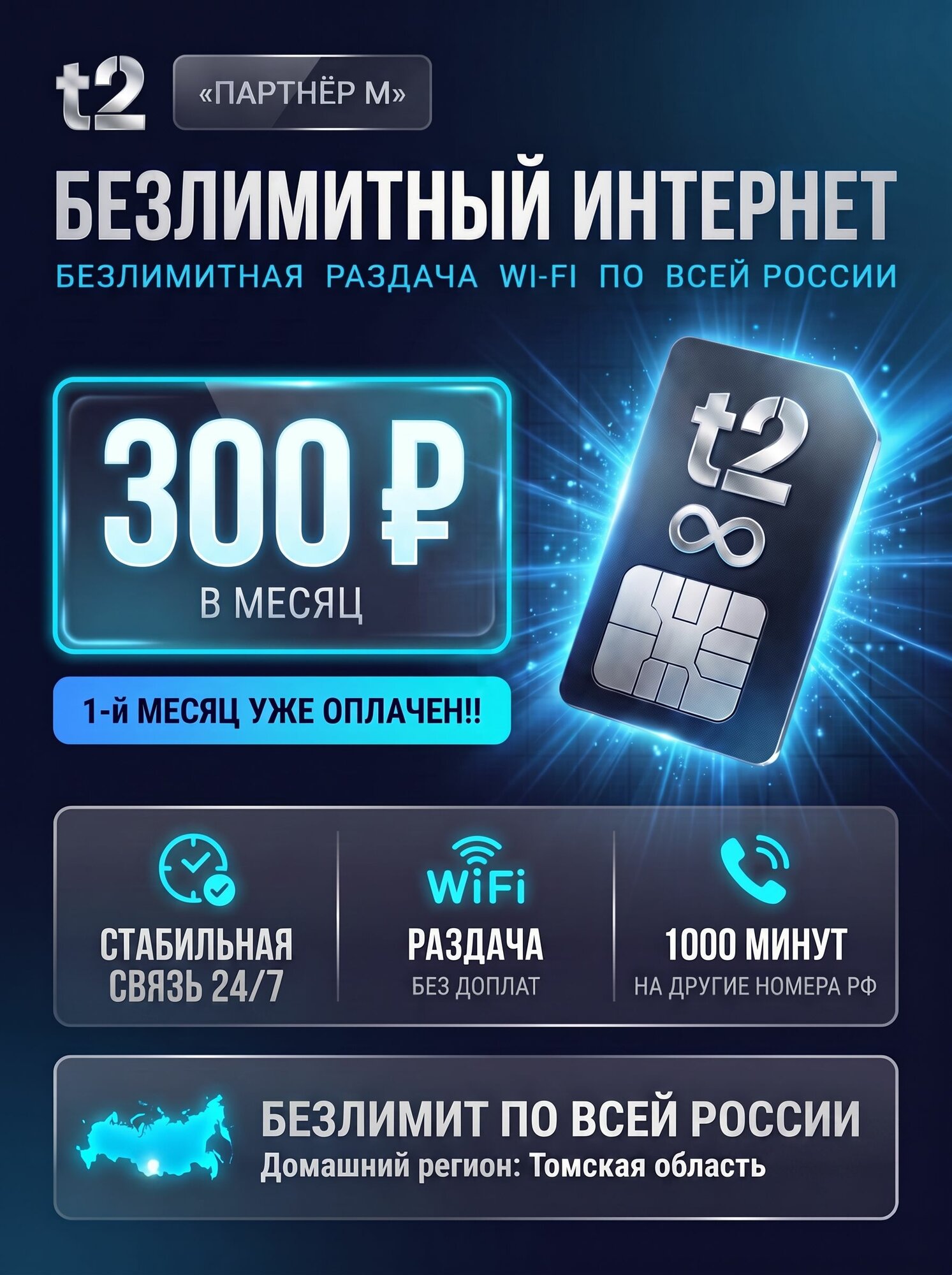 Сим карта T2 безлимитный интернет и раздача для роутера, модема, камер видеонаблюдения Симка t2 1000 минут и 200 SMS по всей России. Тариф T2 "Партнер М" 300 р/мес.