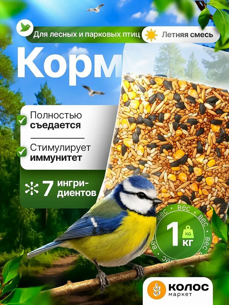 Корм для птиц лесных и парковых, синиц, поползней, соек, зерносмесь Колос Маркет, 1 кг