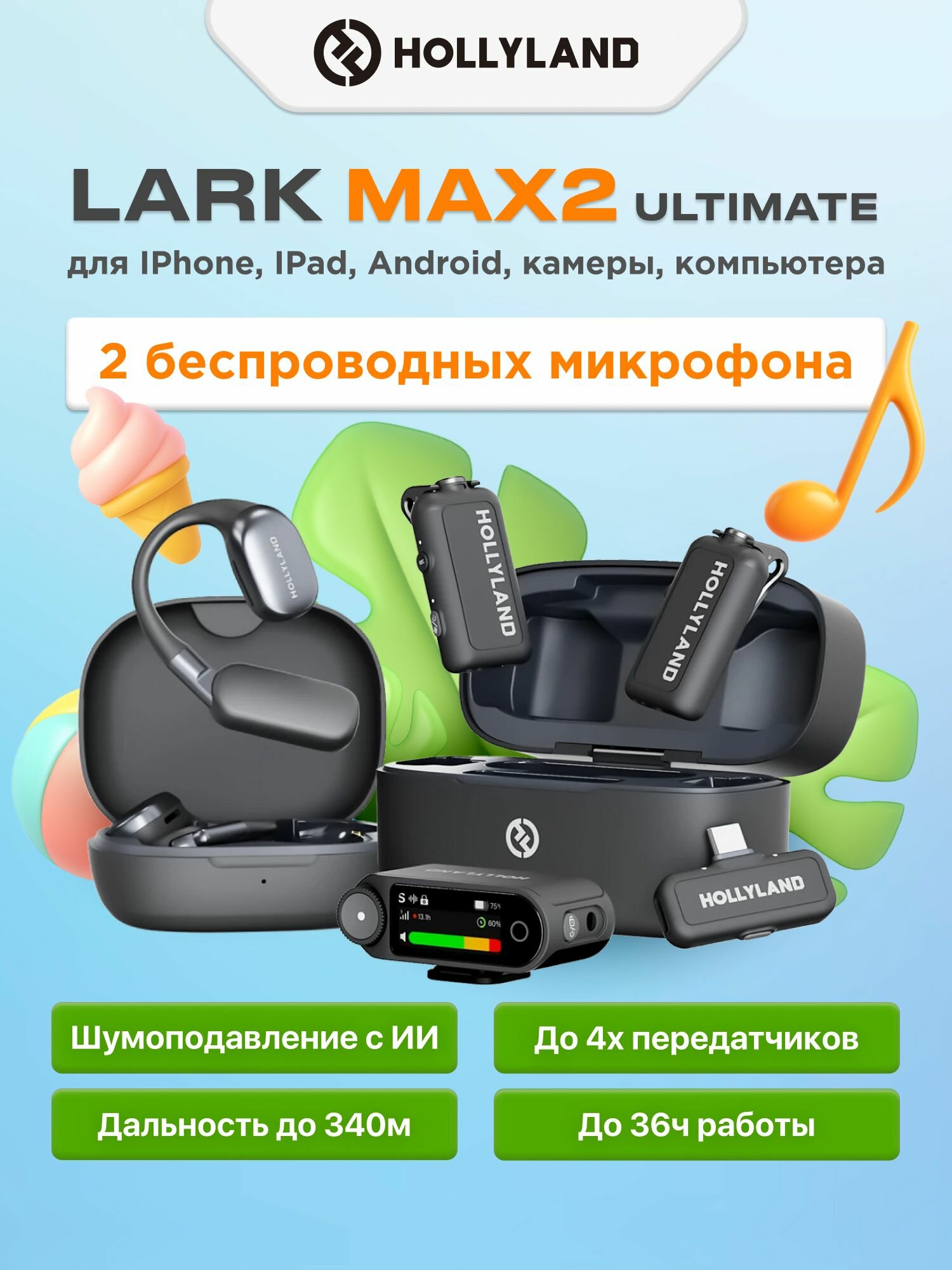 Радиосистема Hollyland Lark MAX 2 Ultimate микрофон петличный беспроводной для камеры телефона компьютера, радиосистема с функцией внутренней записи