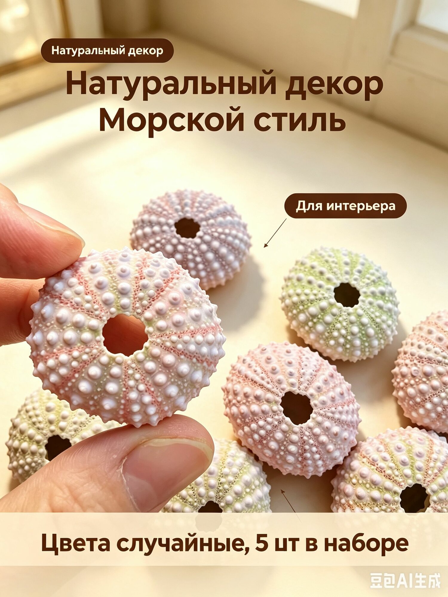 Натуральные ракушки морского ежа, 10 шт, 3–5 см. Рельефные, лёгкие, для декора дома и аквариума в морском стиле!