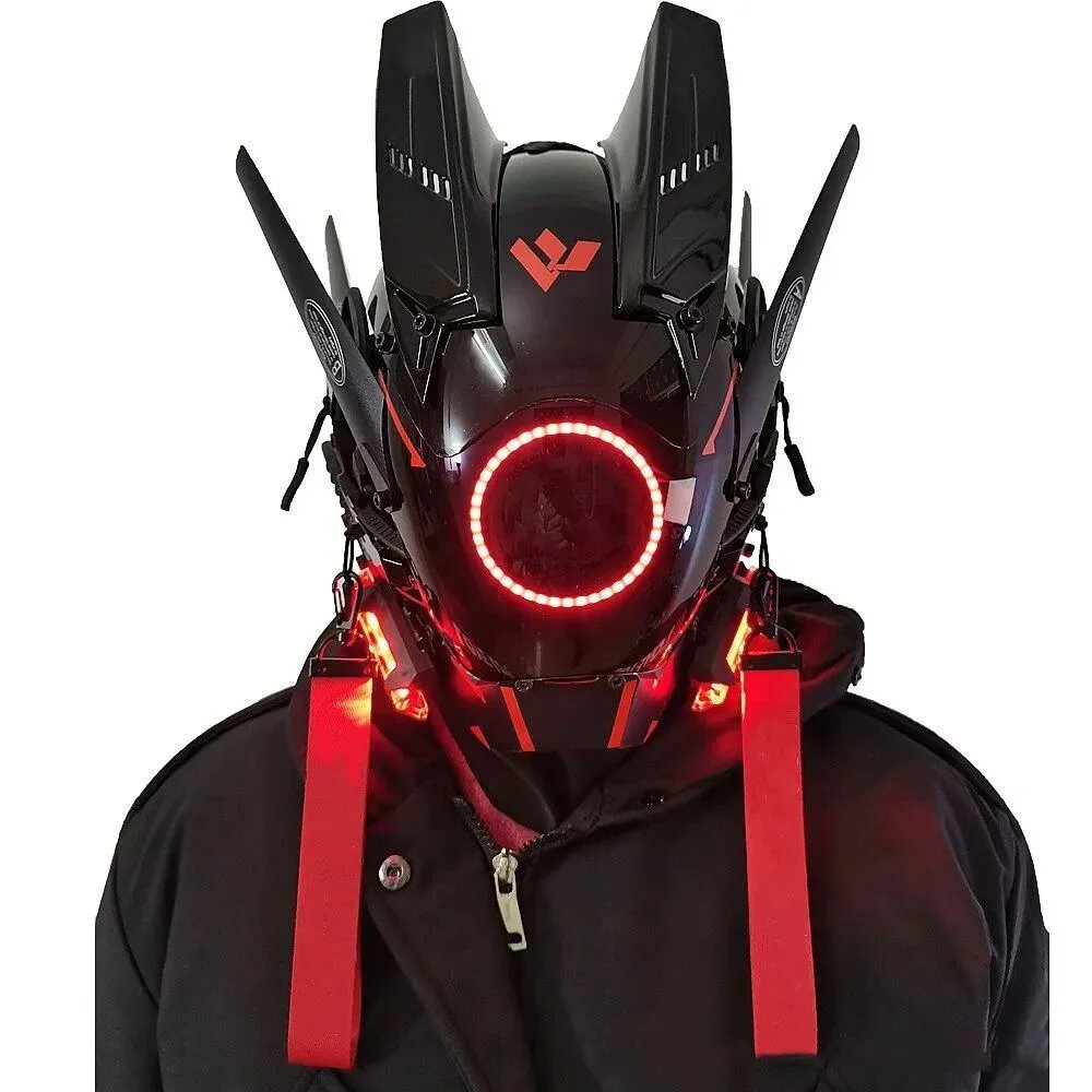 Маска карнавальная киберпанк с LED-подсветкой, ABS пластик, Черный/Красный, 31 см — фото 1