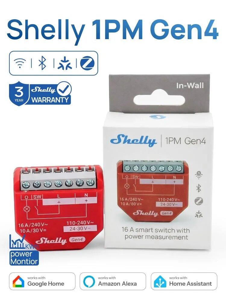 Shelly 1PM Gen4 Zigbee, Умное устройство Matter, IoT WiFi выключатель с мониторингом энергопотребления, совместимый с Alexa, Homekit, Google Home