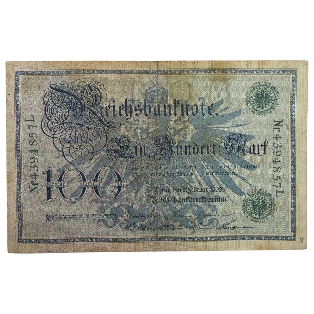 Германская империя (Германия) 100 марок 1908 г. (Зелёные печати) (Литера M) (Серия L)