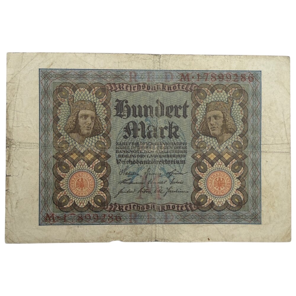 Веймарская республика (Германия) 100 марок 1920 г. (Литера M) (Серия M) (8-значный номер)