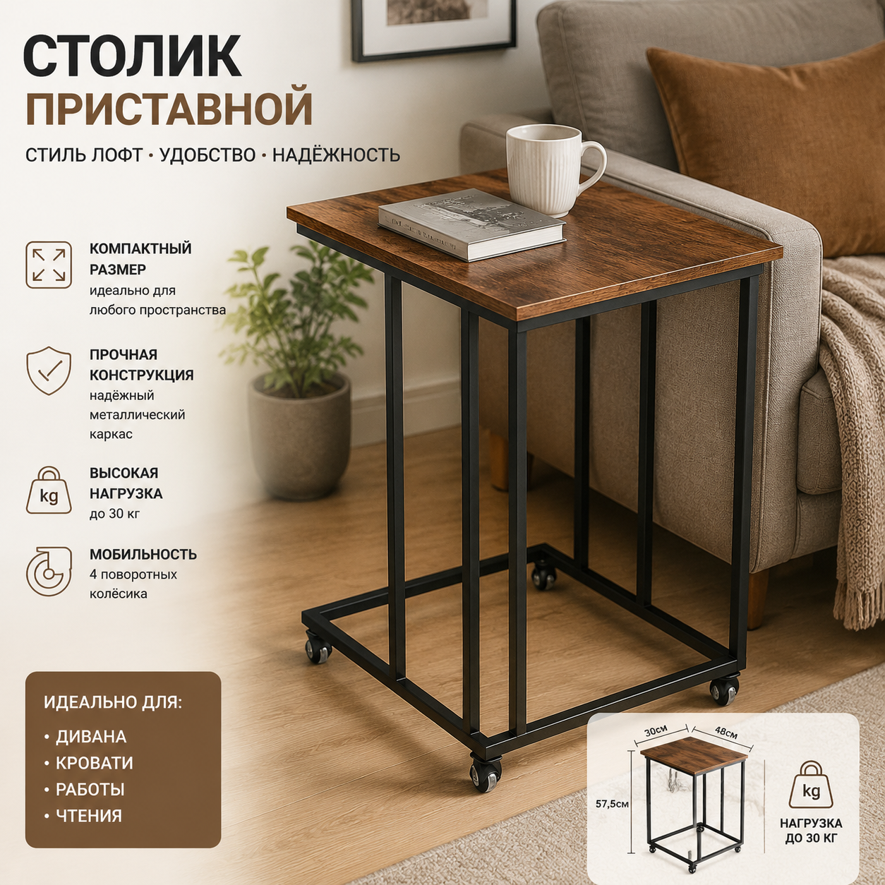 Мобильный журнальный столик на колесиках, деревянная столешница, черная металлическая рама, размер 48×30×57.5 см