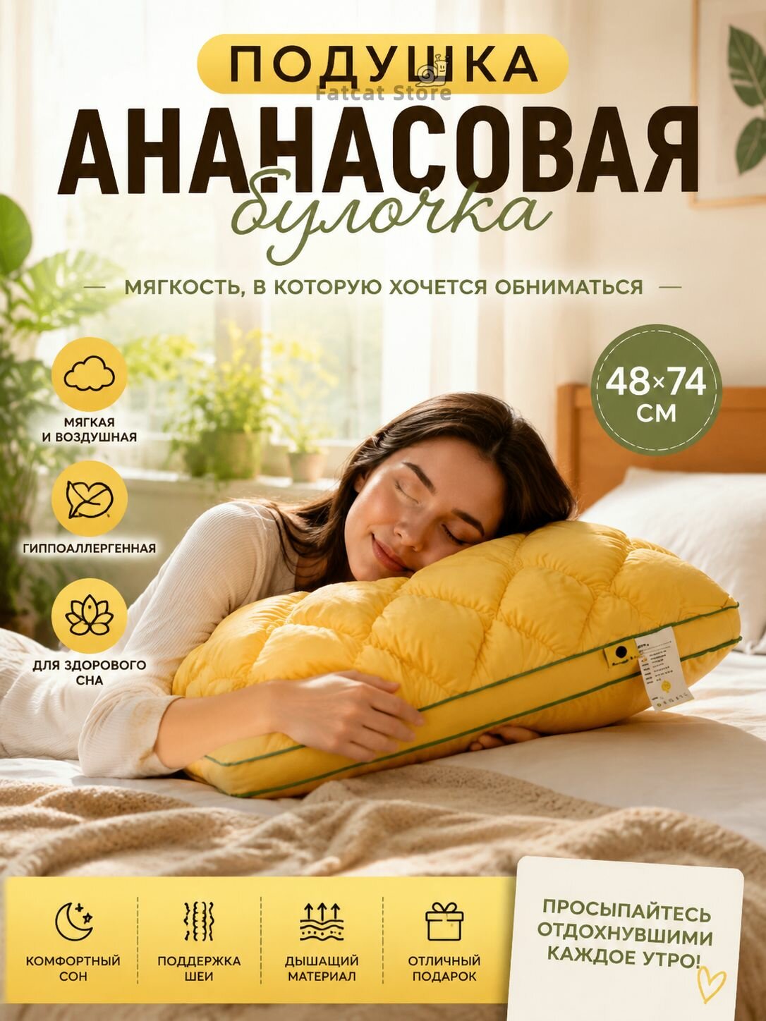 Подушка для беременных и кормящих pineapple 48x74 см, Мягкая жесткость, Лён, Шелковое волокно льняная мягкая 48x74
