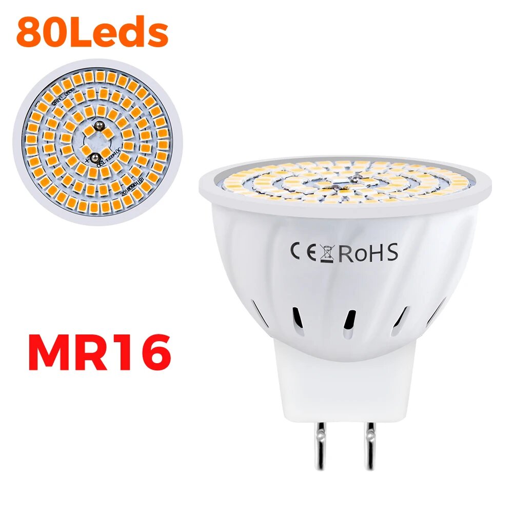 Светодиодная лампа-свеча GU5.3 для проектора дневного света 220В Warm White, MR16-80leds