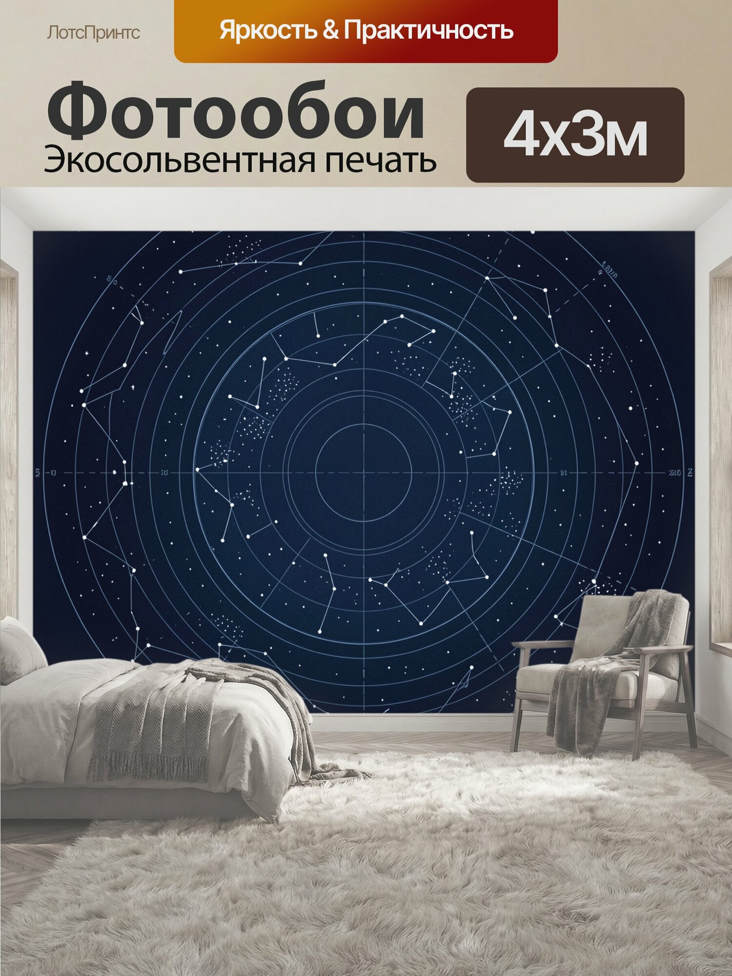 Фотообои "Карта созвездий и звёздных кругов. Геометрическая астрокарта: концентрические окружности, координатные оси и тонкие линии созвездий." 400x300 см. экосольвентная печать