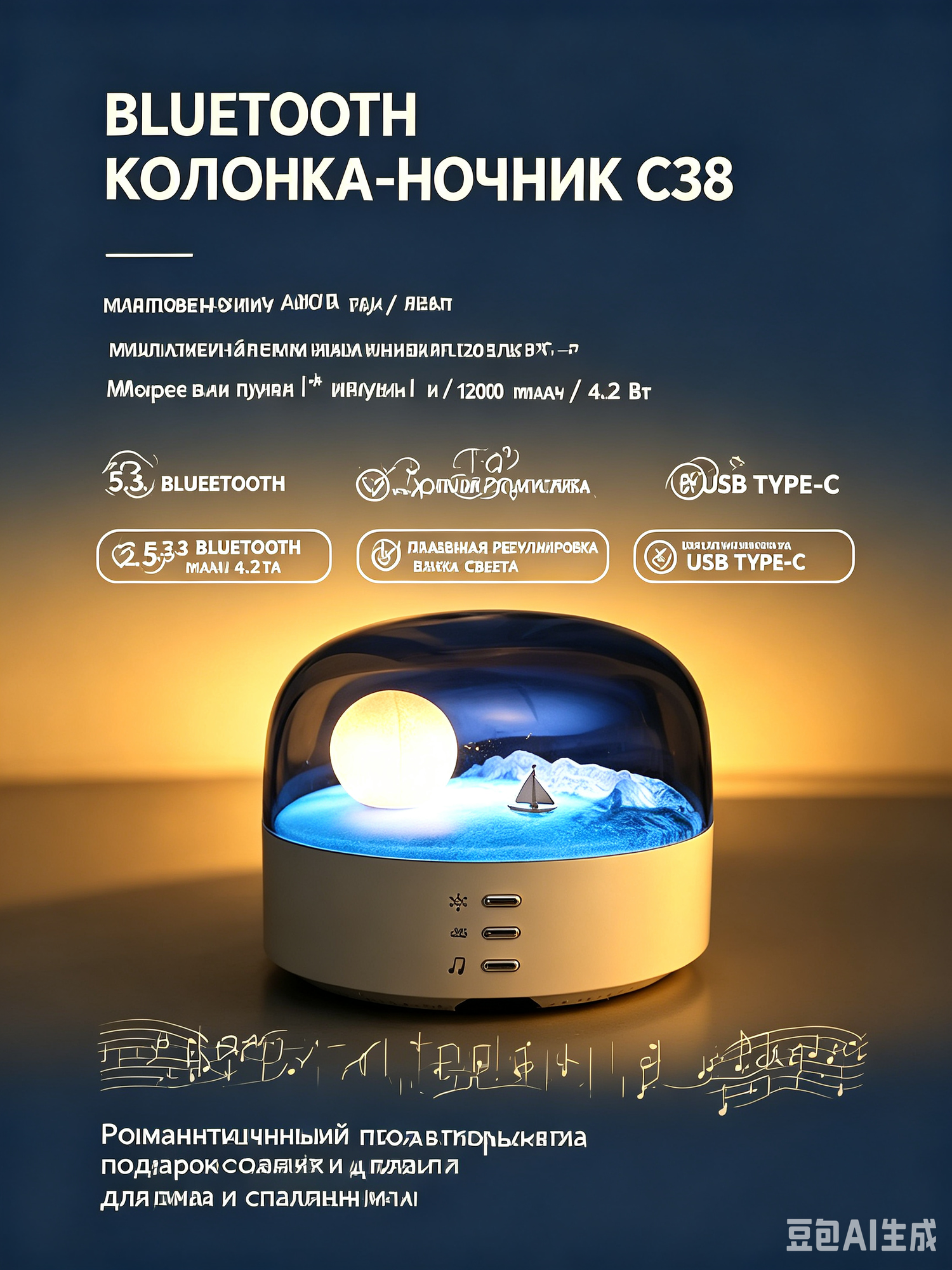 Bluetooth колонка-ночник "Луна и Море", теплый белый свет, встроенный аккумулятор