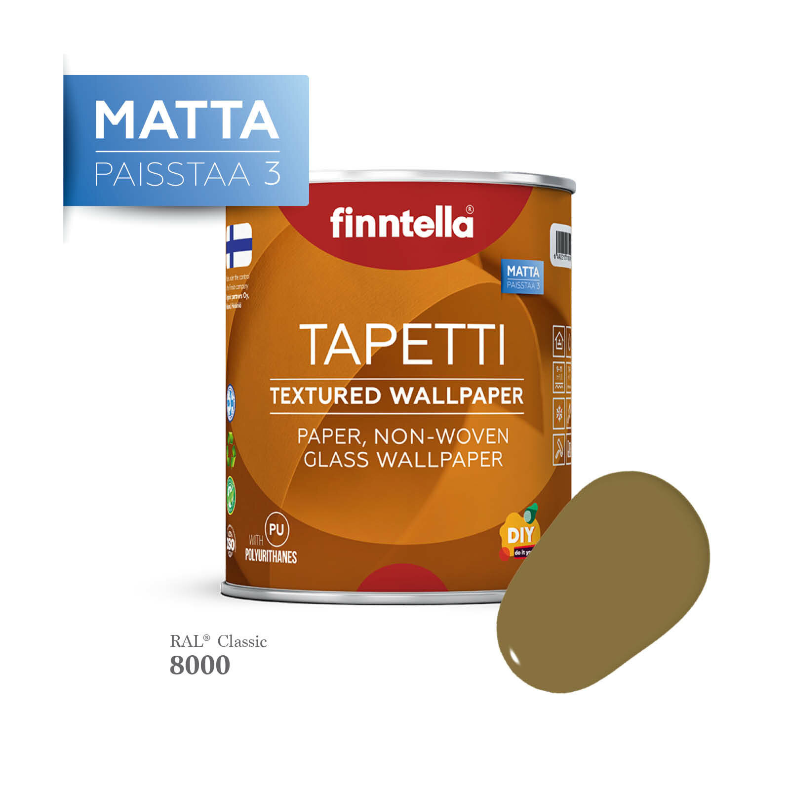 Матовая краска для обоев под окраску TAPETTI Matta FINNTELLA, Цвет RAL 8000 Зелено-коричневый (Green brown), 0,9л
