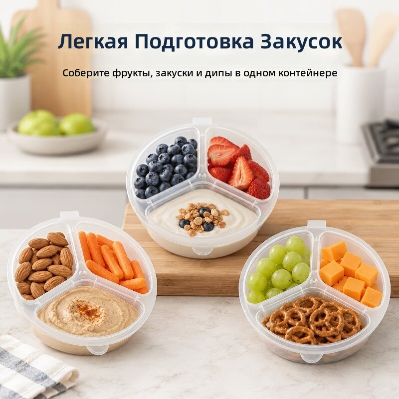 Многоразовые контейнеры для закусок и приправ с 3 отделениями, 9 штук, герметичные крышки, штабелируемые, откидные крышки, для ланча, пикника и офиса, только ручная мойка, прочный пластик