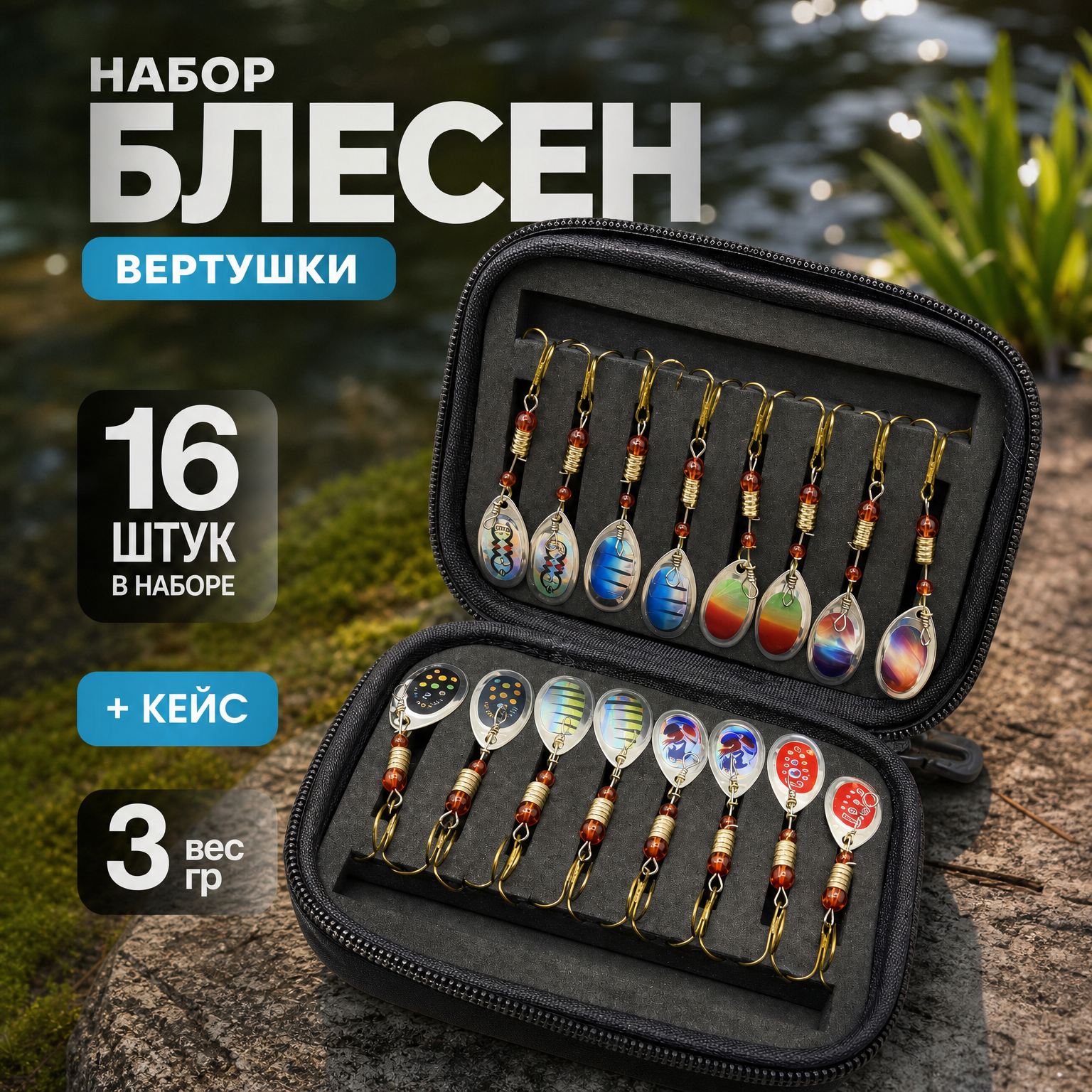 Набор для рыбалки / Вертушки-блесна на щуку 16 шт / Рыболовные снасти с кейсом (Длина: 0.15 м; Вес: 3.7 г; Цвет товара: набор 16 вертушек разных расцветок; Размеры, мм: 150x130x40)