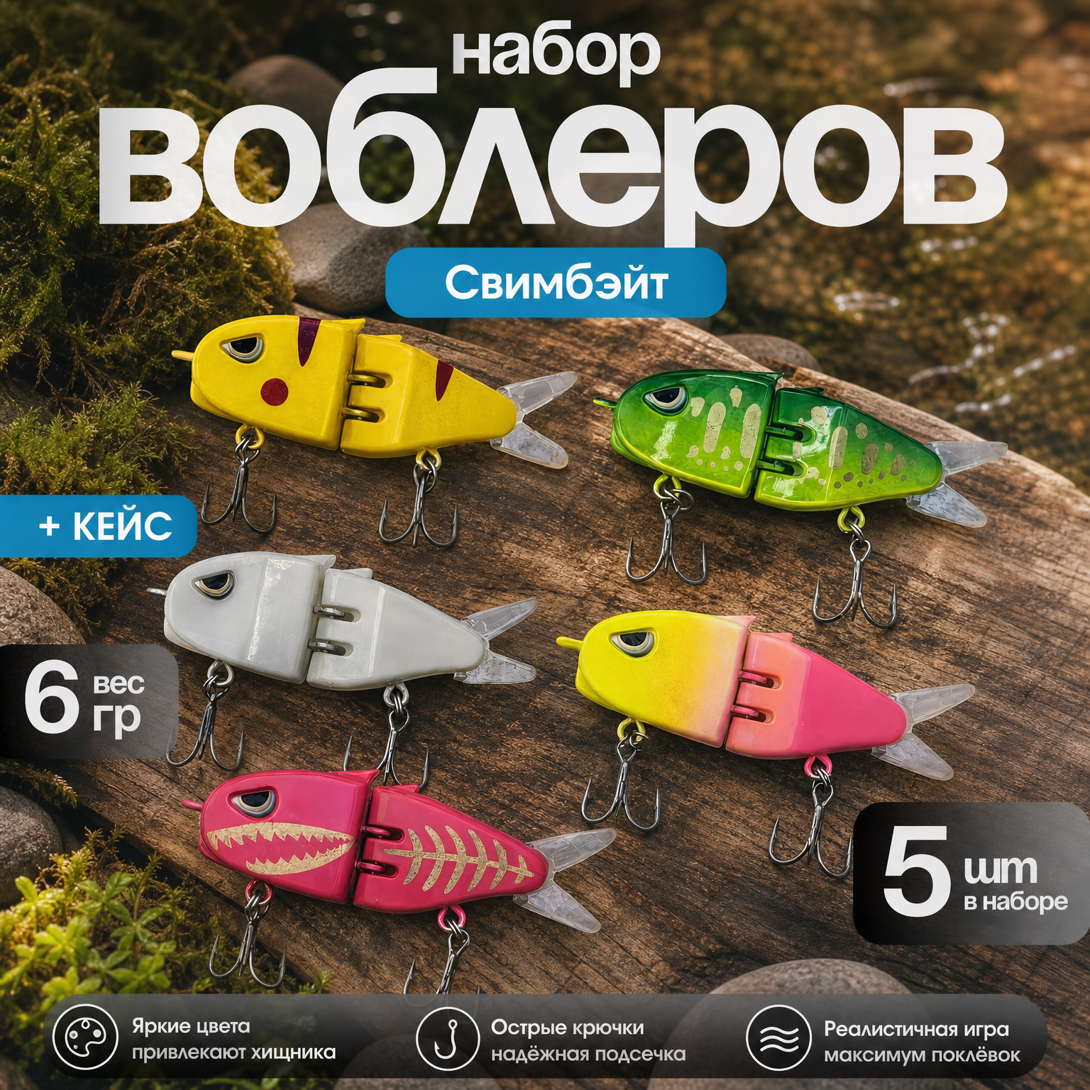 Набор воблеров-свимбэйтов / Для рыбалки на щуку / 5 шт в комплекте / С подарочным кейсом (Цвет товара: розово-желтый; Длина: 55 мм)