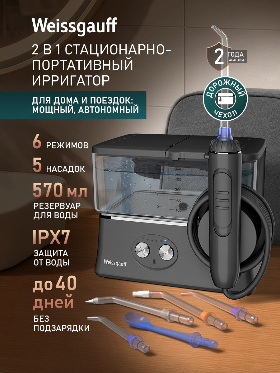 Ирригатор для полости рта и зубов стационарный Weissgauff W WFS-5005 BL Impulse Box Pro, Объем 570 мл, 2500 мАч до 40 дней без подзарядки, 6 режимов, 5 насадок, Защита от влаги IPX7, Зарядка USB Type-C