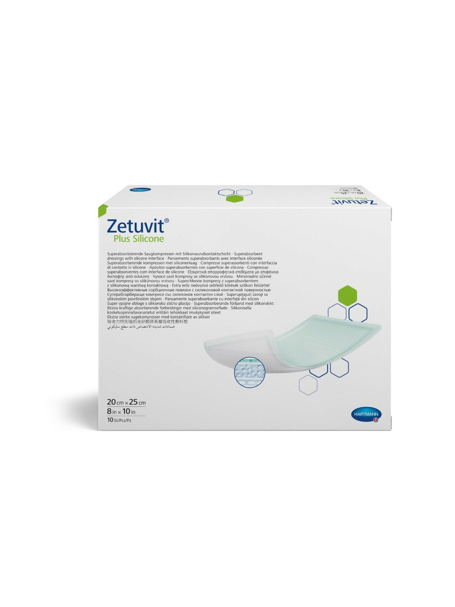 Повязка суперабсор С контактным слоем из силикона стер ZETUVIT PLUS SILICONE/цетувит плюс силикон 20Х25СМ N10