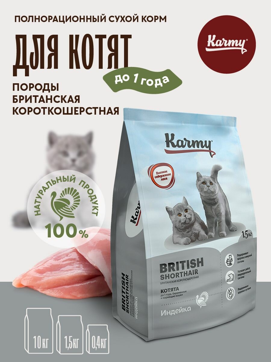 Корм для кошек сухой KARMY Kitten British Shorthair для котят до 1 года и беременных и кормящих кошек породы Британская Короткошерстная индейка 1,5кг