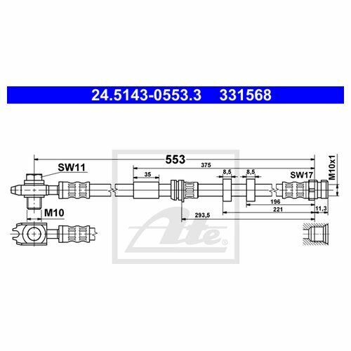 Шланг тормозной Ate 24514305533 для Audi A1 (2010-2018), SEAT Ibiza (2008-н. в.), Volkswagen Polo (2009-н. в.)