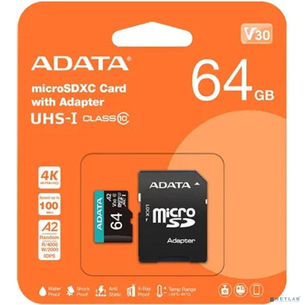 Micro SecureDigital 64GB A-Data AUSDX64GUI3V30SA2-RA1 Premier Pro + adapter Class10