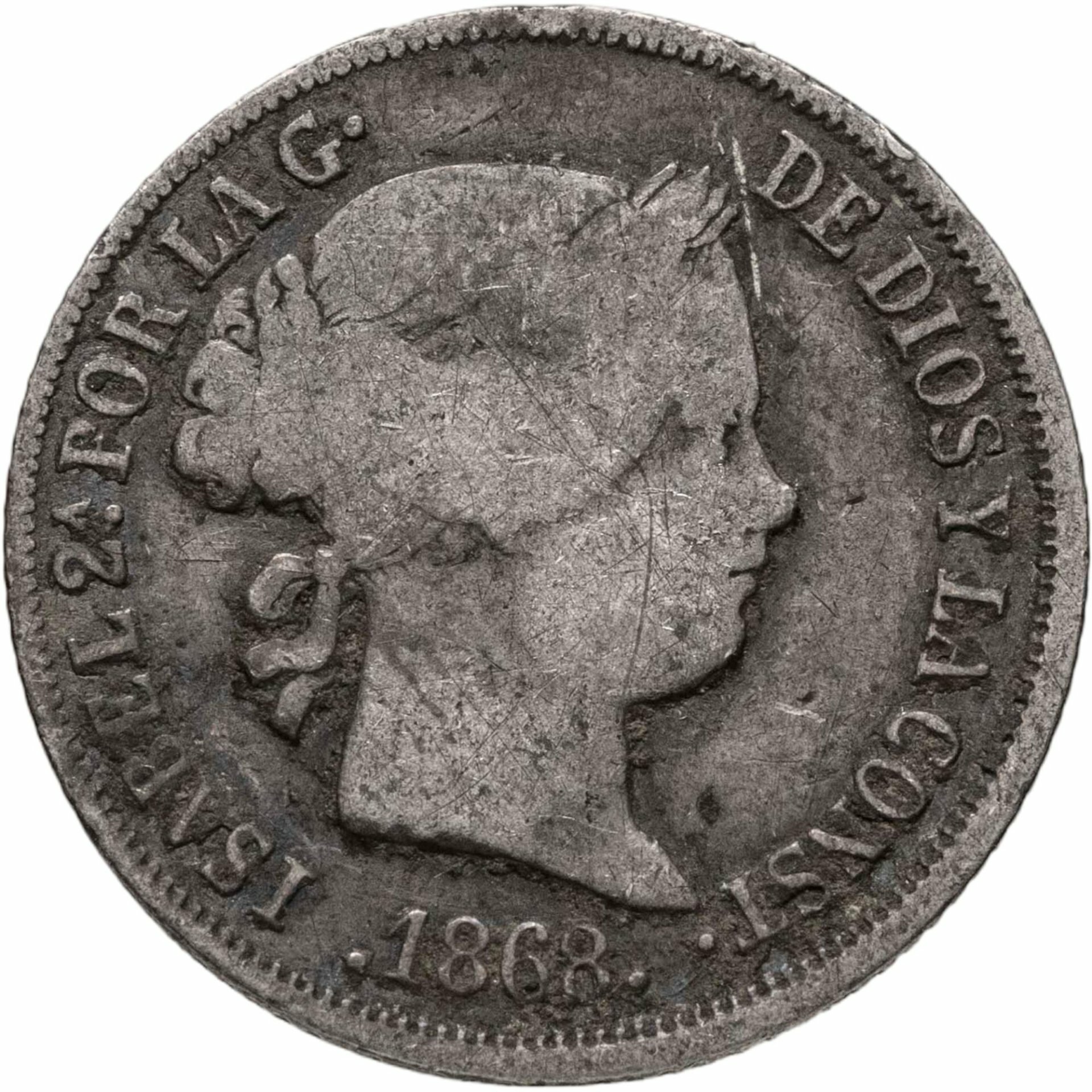 Филиппины, Испанская колония 10 сентимо 1868 Изабелла II, Серебро 900, в сохранности VF