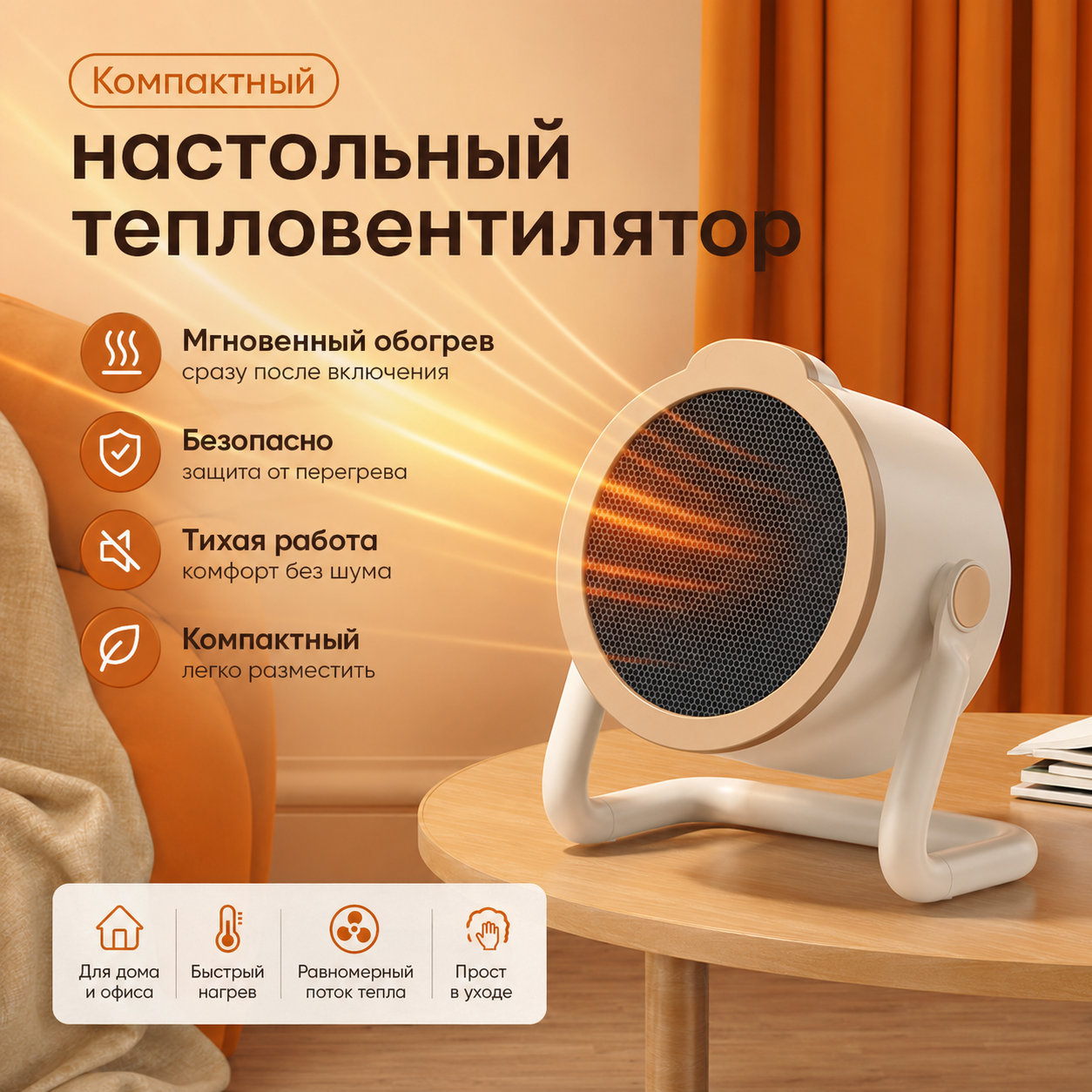 Компактный настольный тепловентилятор с поворотной подставкой, белый