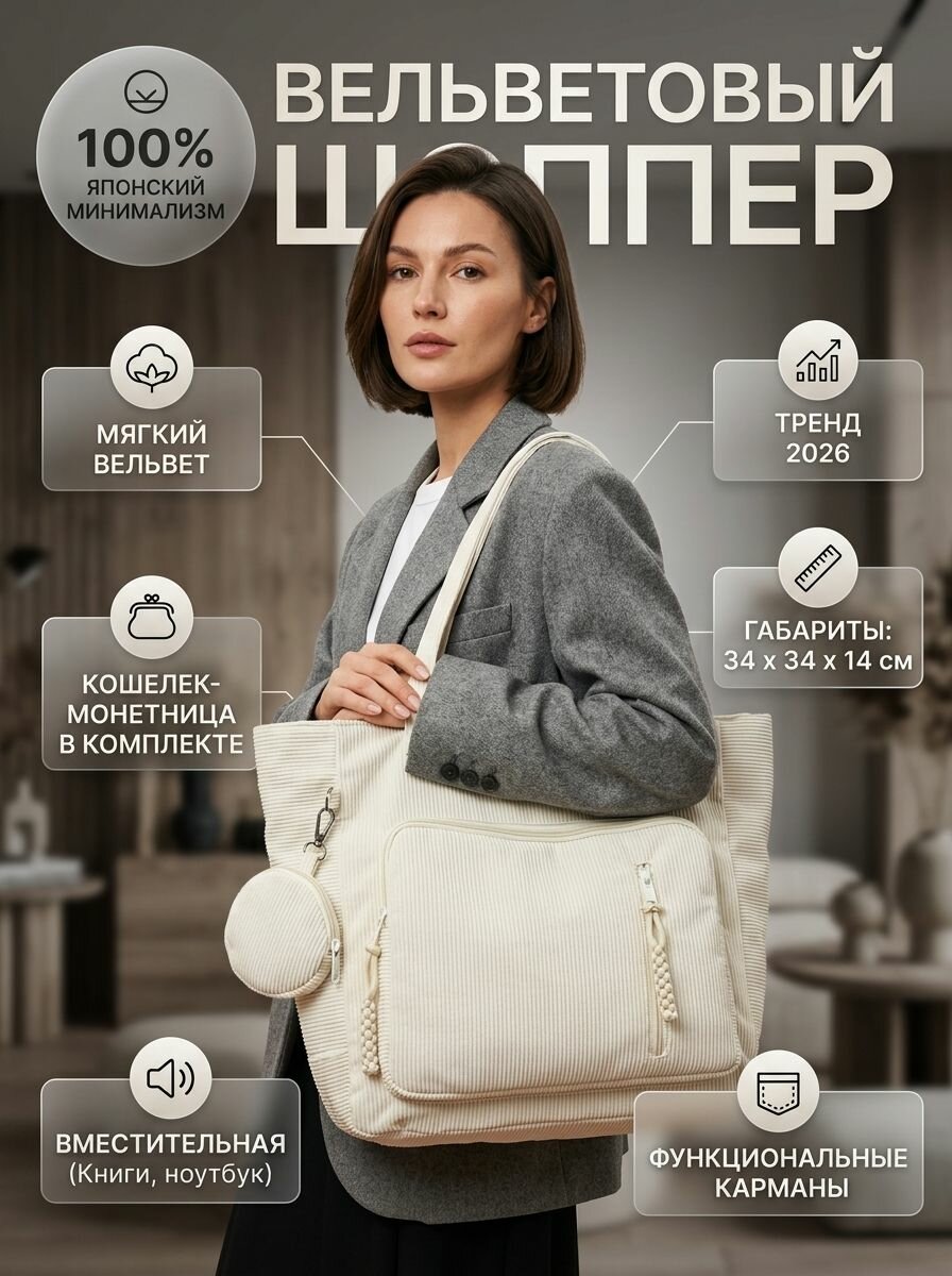 Сумка шоппер  Эстетичная, фактура зернистая, белый — фото 1