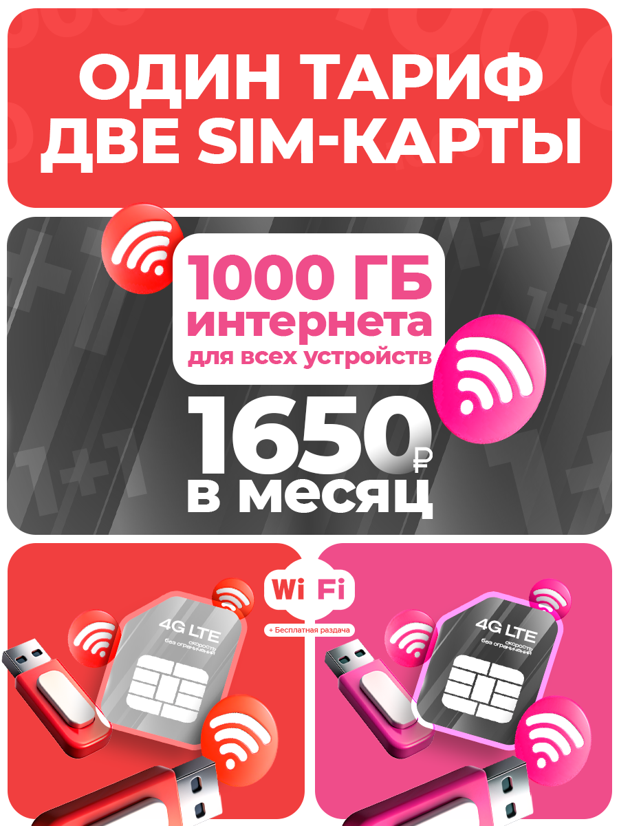 Сим-карта 1000ГБ интернета для любых устройств в сетях МТС и Теле2