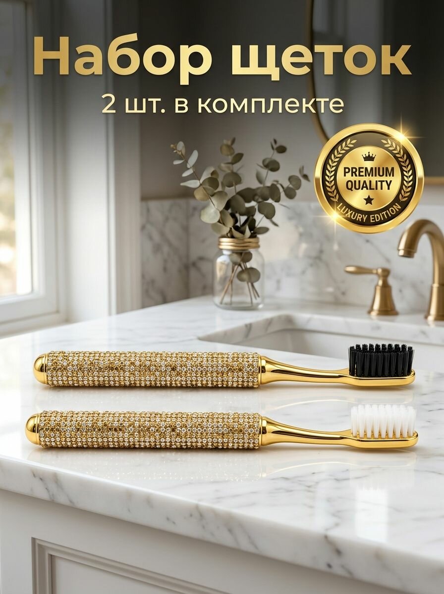 Премиальная зубная щетка со стразами, мягкая щетина, набор 2 шт, золотая