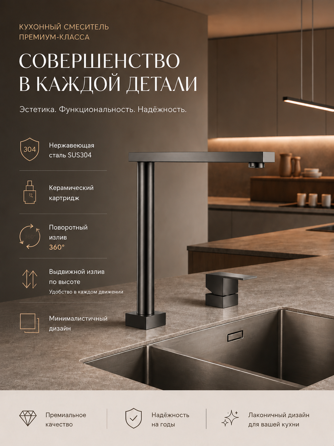 Подъёмный кухонный смеситель SUS304 графитовый для мойки у окна, 360 поворотный излив, керамический картридж, без фильтрации