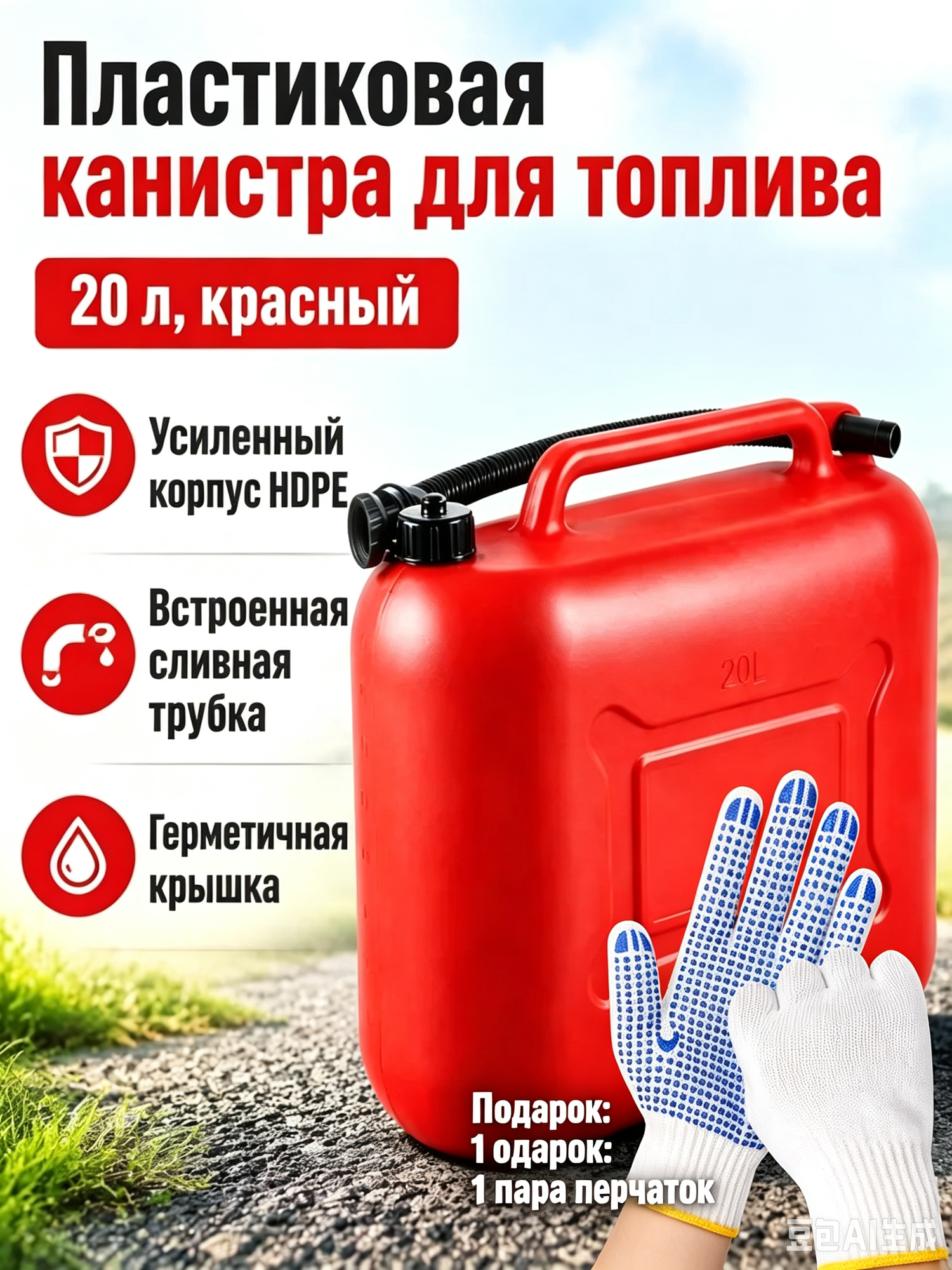 Канистра для топлива HDPE 20л, гибкая трубка, герметичная крышка, подарок перчатки, для авто дачи природы