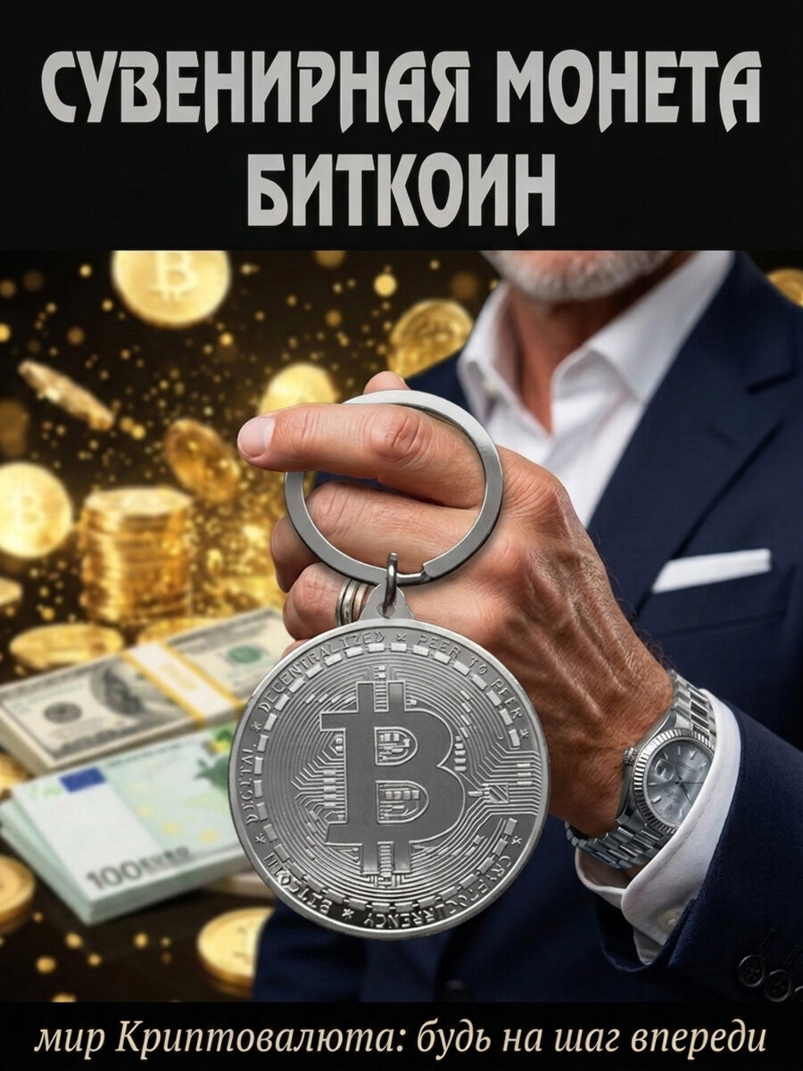 Сувенирный брелок биткоин, толщина 3мм диаметр 40 мм, цвет серебро
