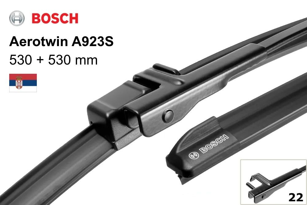 Щетки стеклоочистителя Bosch Aerotwin A923S (3397118923), бескаркасные, 530мм + 530мм, 2 шт, Side Pin 22mm, для Audi TT Coupe/Roadster