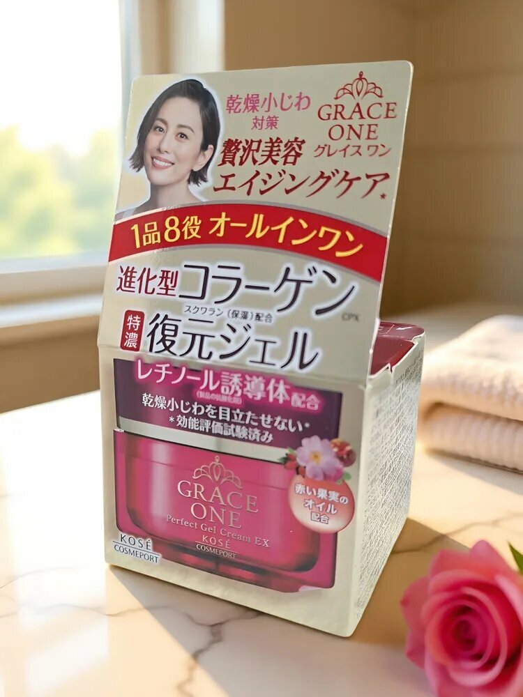 KOSE Гелевый крем-лифтинг после 50 лет Grace One Perfect Gel Cream EX с коллагеном, гиалуроновой кислотой и ретинолом, 100 г. / Япония