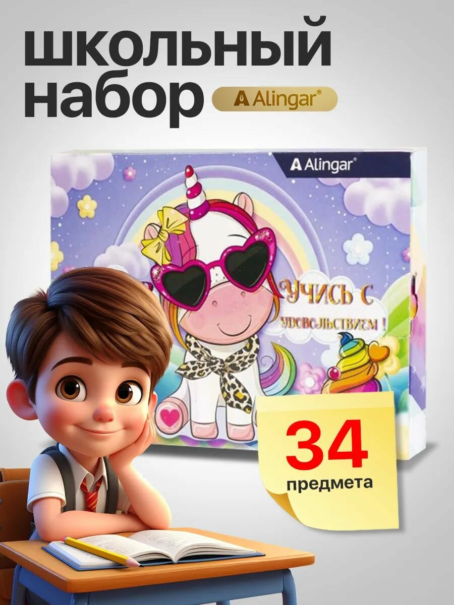 Набор первоклассника Alingar, "Единорожка", школьные принадлежности, канцелярия для школы, 34 предмета, картонная упаковка