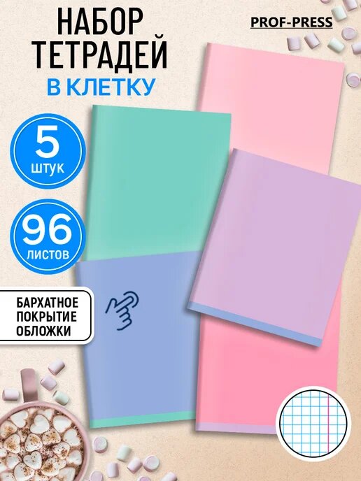 Набор тетрадей Проф-Пресс , 96 л, в клетку, мягкая обложка, 5 штук