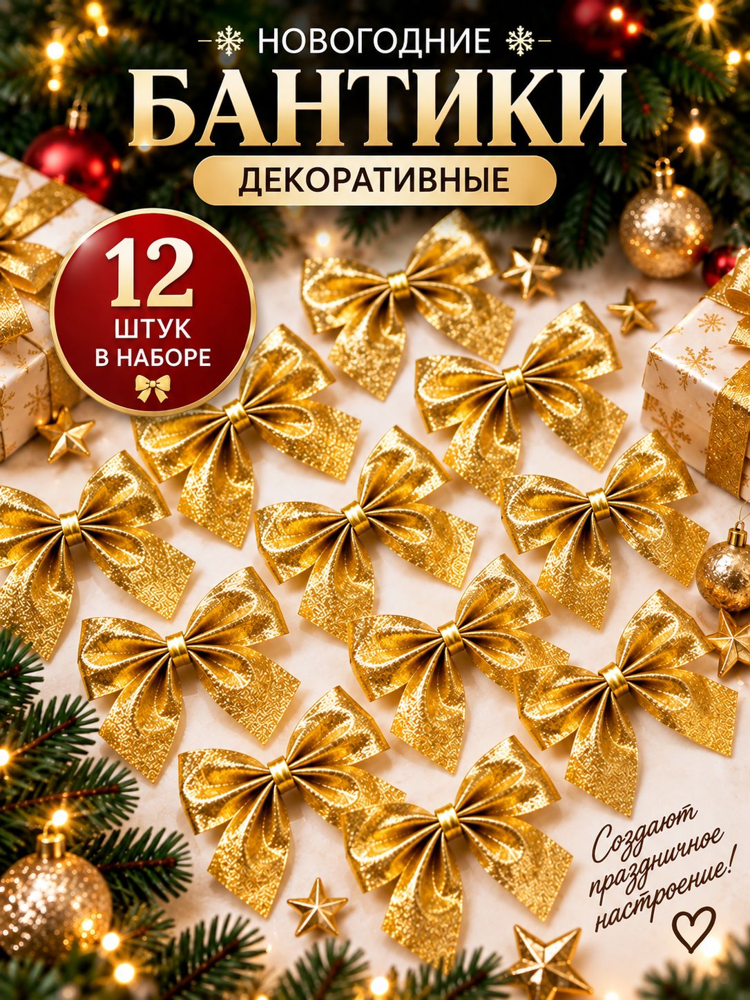 Бантики новогодние блестящие, 12 шт, ХН-40, украшения на елку и для подарков, золотой