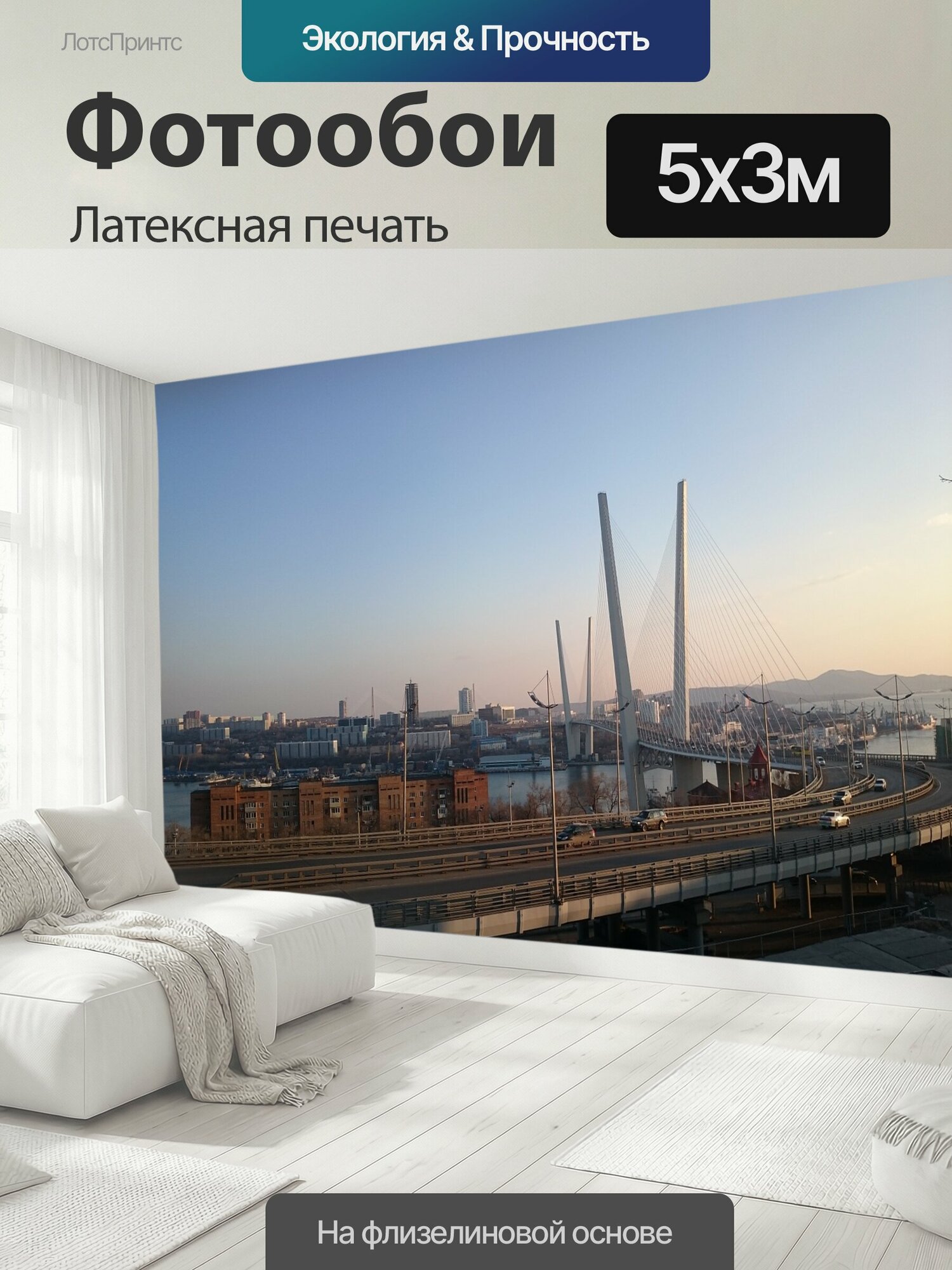 Фотообои моющиеся ударопрочные "Город, владивосток, мост" 500x300 см. латексная печать
