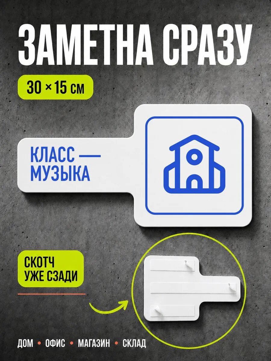 Табличка Класс — музыка 30×15 см, синяя, синий, PETG, на двустороннем скотче