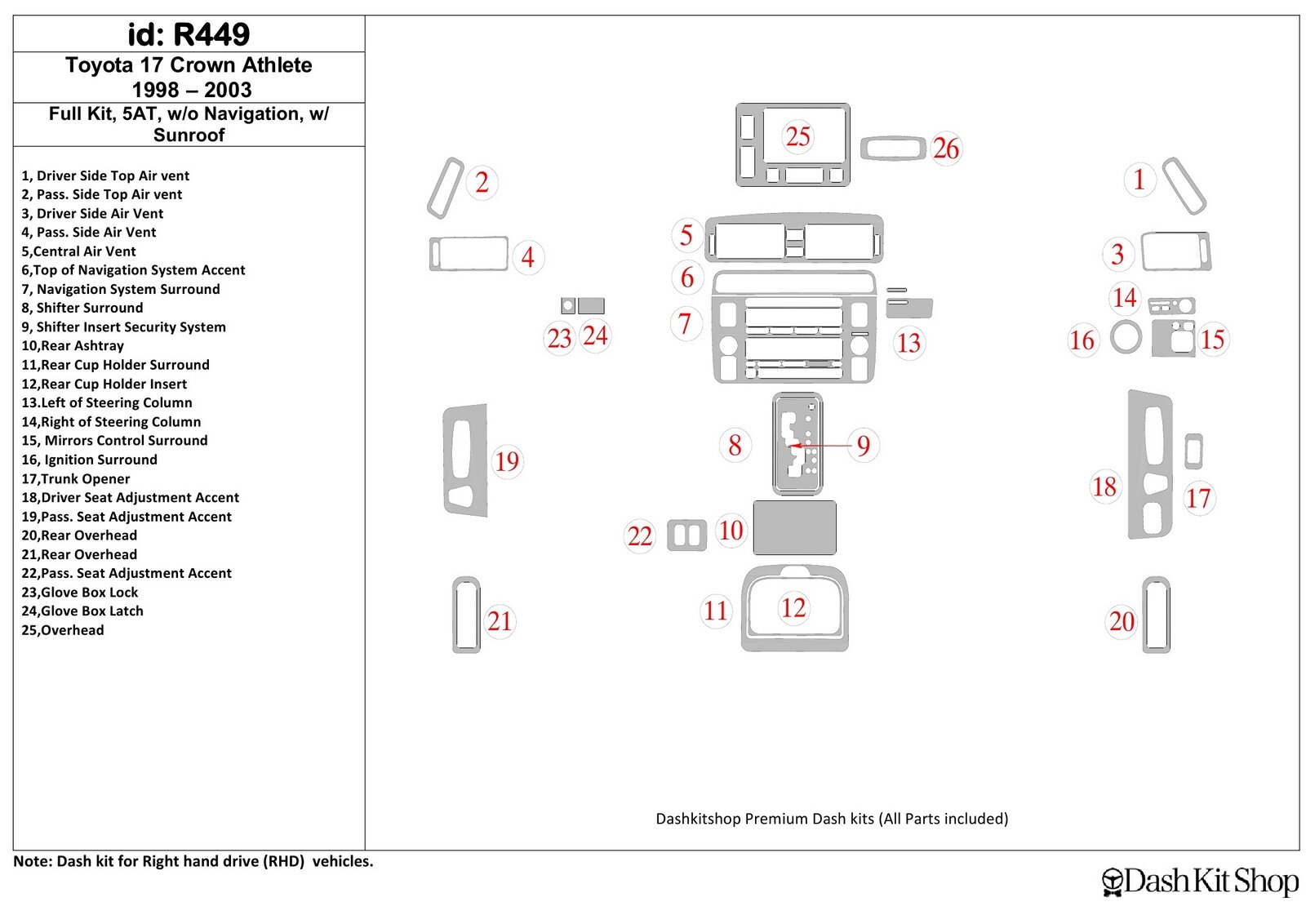 Декоративные накладки салона для Toyota 17 Crown 1997-2003. Комплект R449.