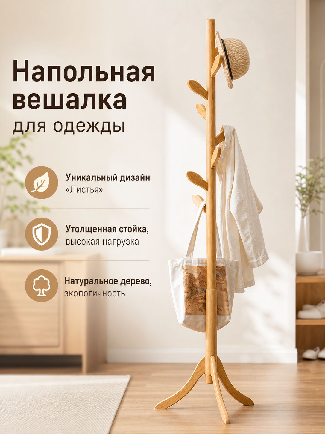 Напольная вешалка для одежды с крючками-листьями, бамбук, светло-коричневый